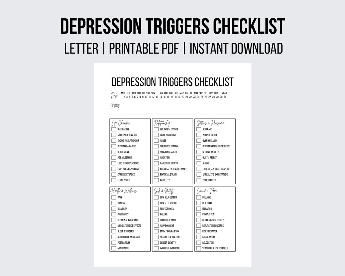 Depression Triggers Checklist Mental Health Self Care Checklist ...