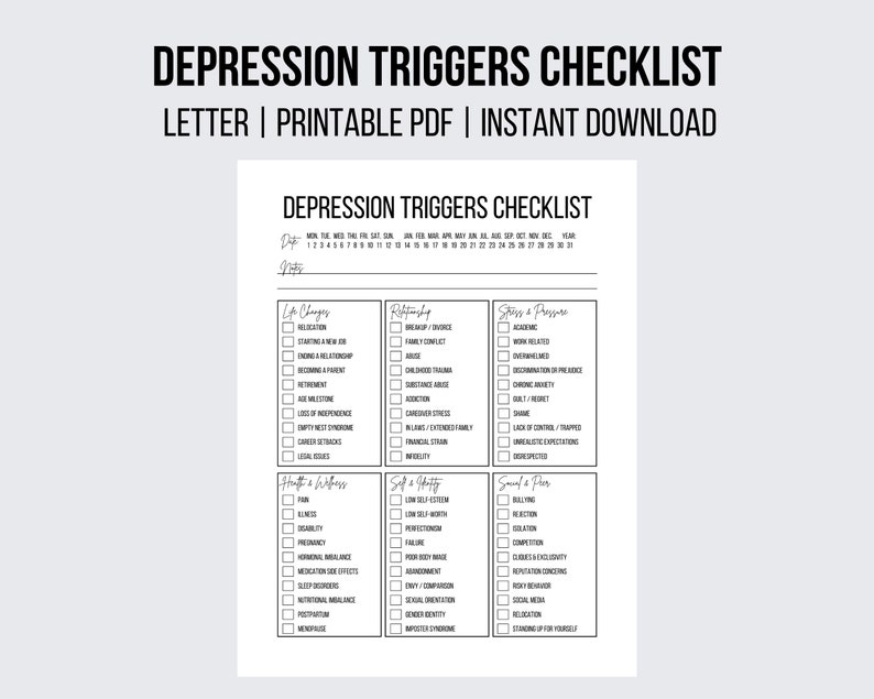 Depression Triggers Checklist Mental Health Self Care Checklist ...