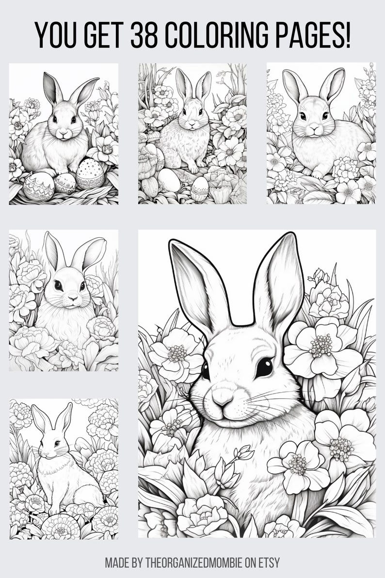 Printable Easter Bunny Coloring Pages Spring Kids Detailed Bunny Flower ...