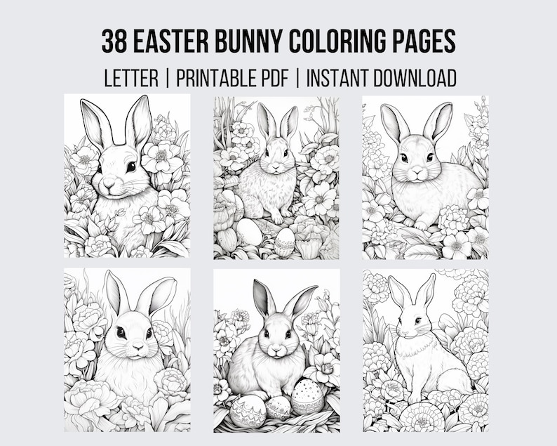 Printable Easter Bunny Coloring Pages Spring Kids Detailed Bunny Flower ...
