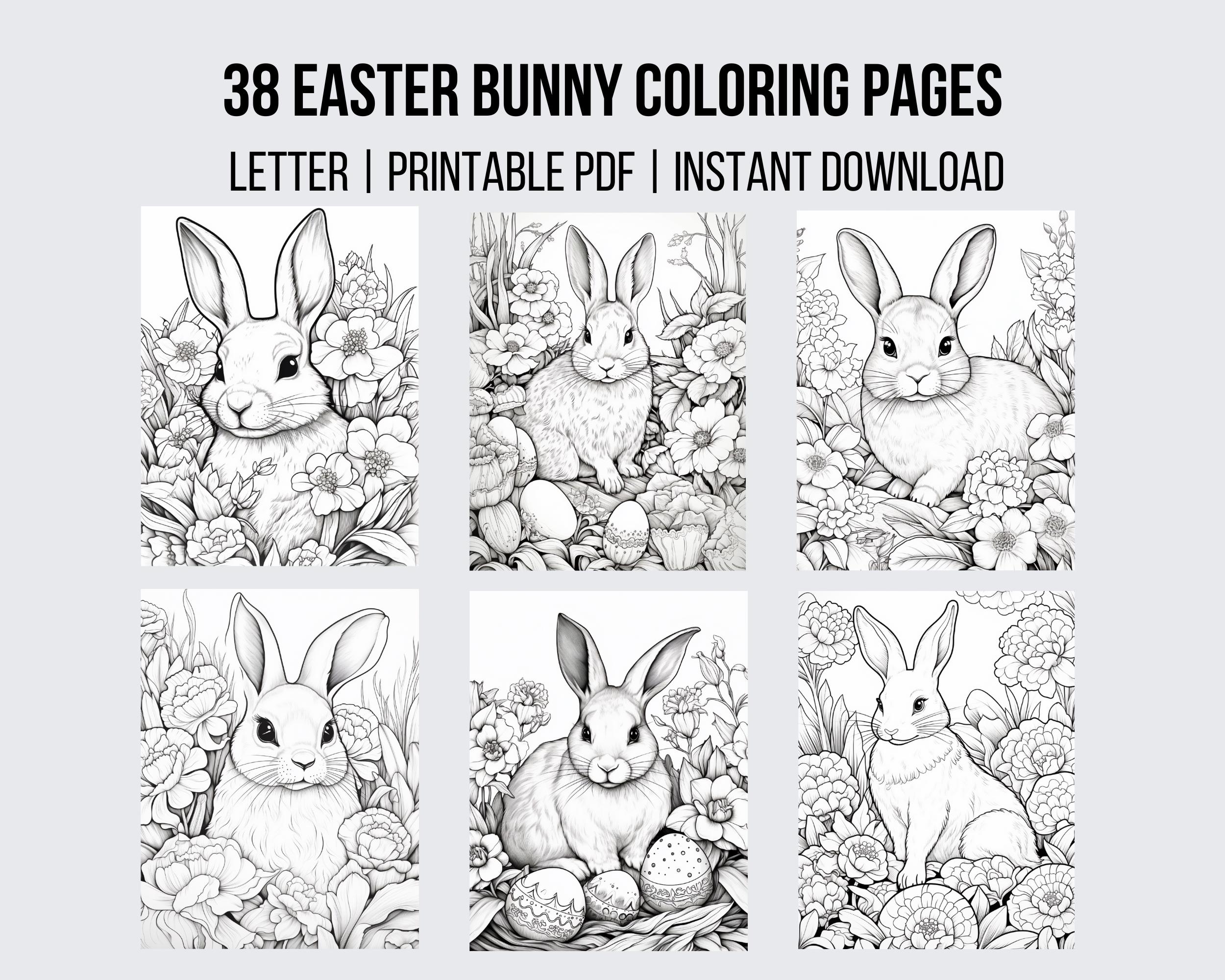 Printable Easter Bunny Coloring Pages Spring Kids Detailed Bunny Flower ...