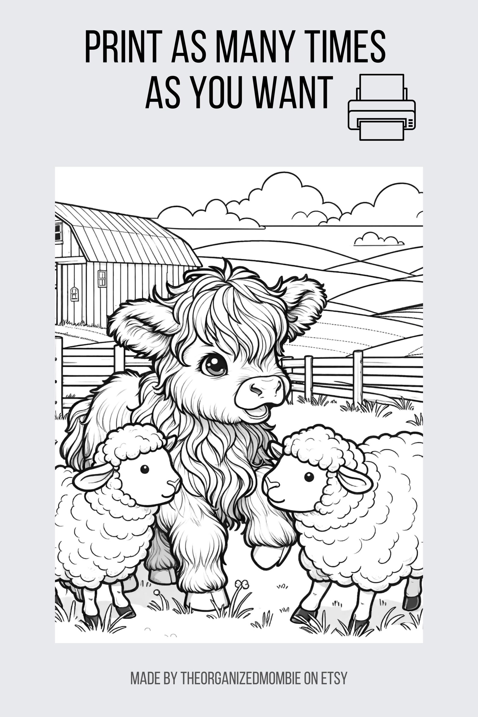 Highland Cow Coloring Page Farm Animal Printable Adult Coloring Sheet ...