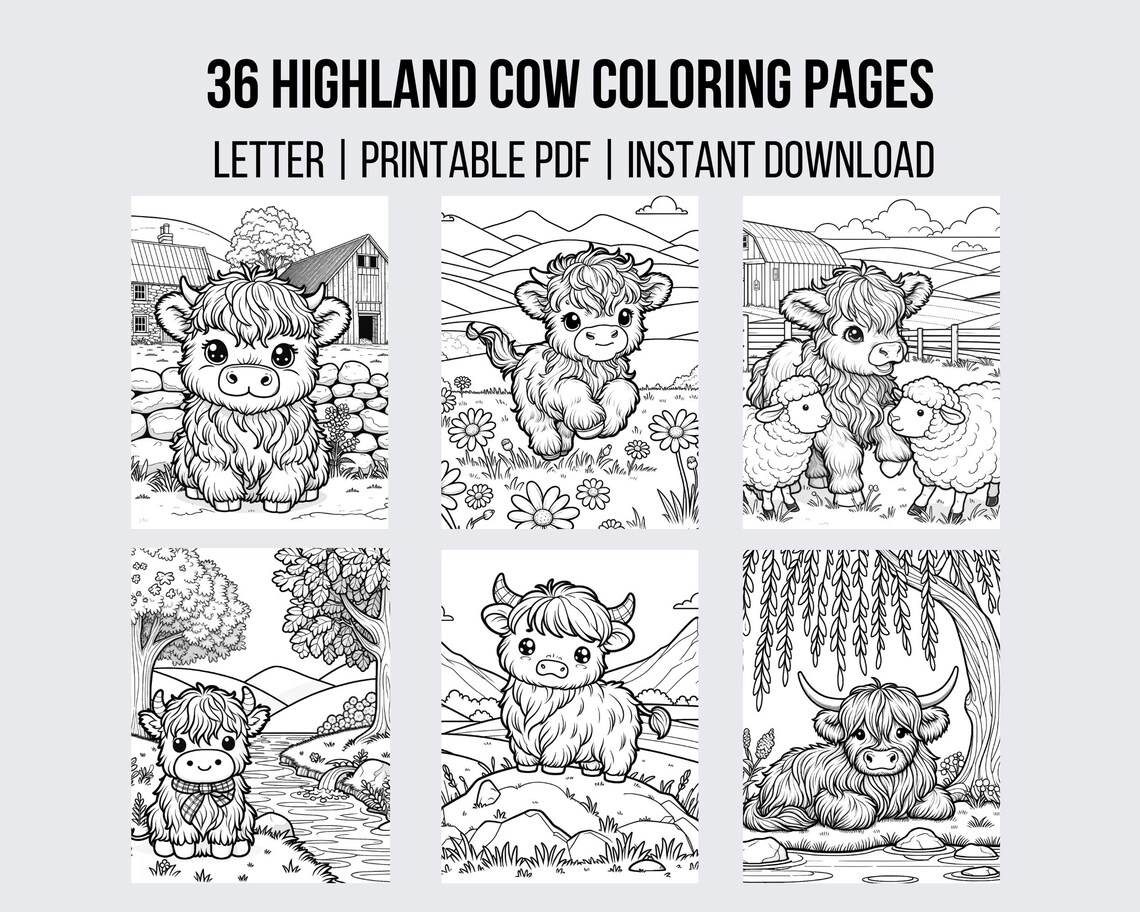 Highland Cow Coloring Page Farm Animal Printable Adult Coloring Sheet Relaxation Mindfulness ...