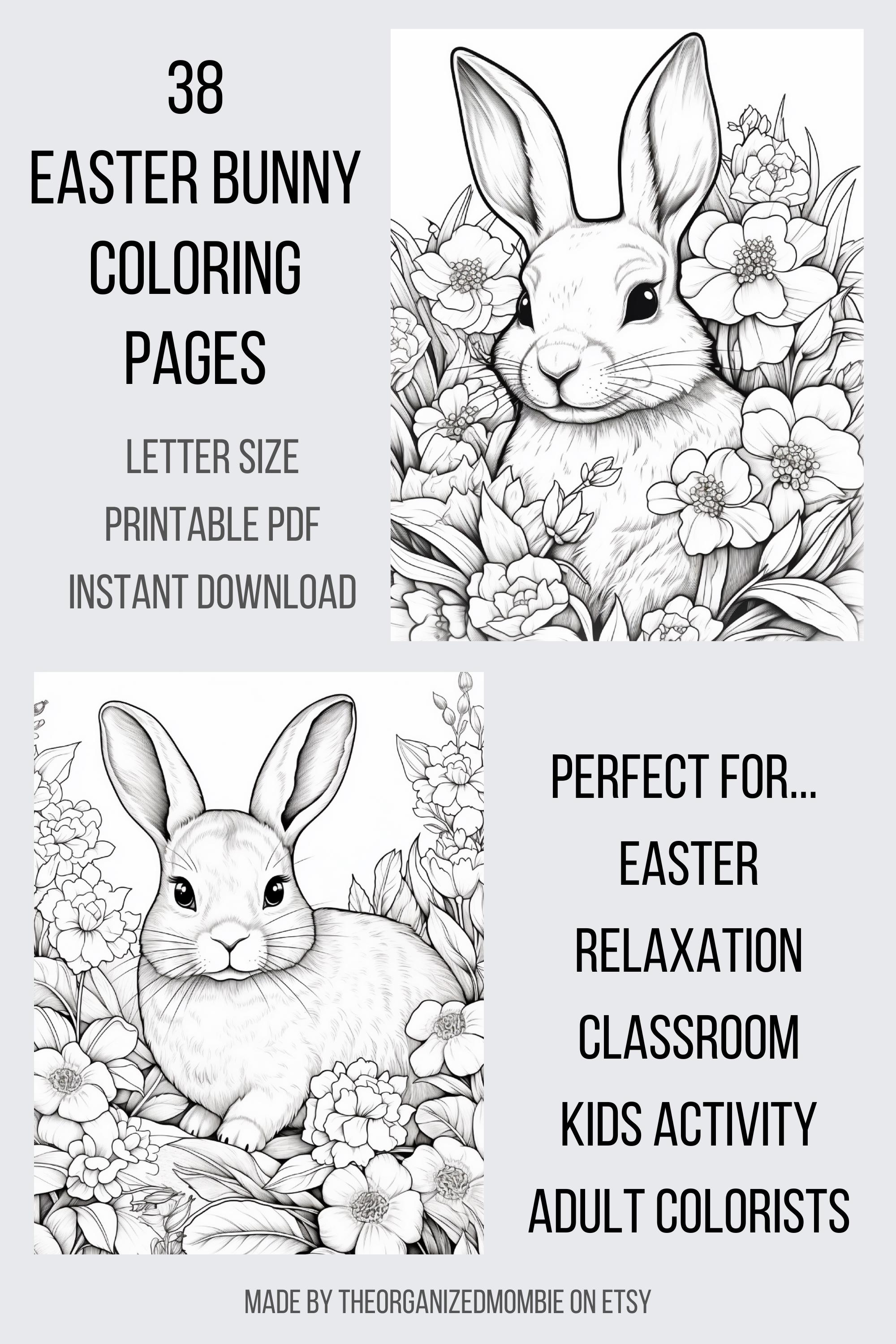Printable Easter Bunny Coloring Pages Spring Kids Detailed Bunny Flower ...