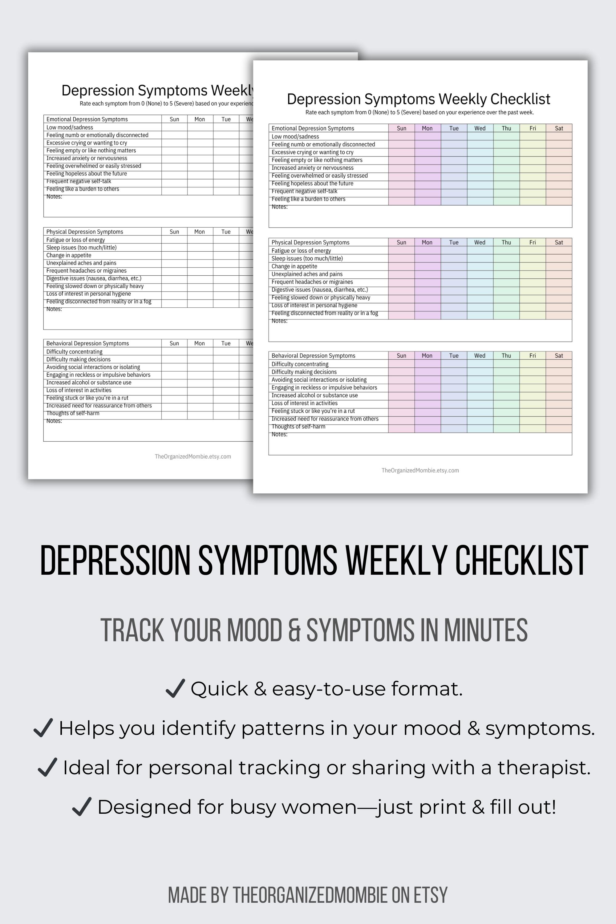 Personalized Depression Symptom Checklist Printable Mood Tracker for ...