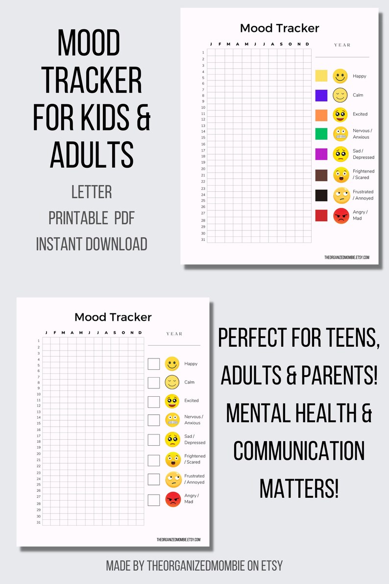 Mood Tracker Printable Emotions Tracker Feelings Chart Depression ...