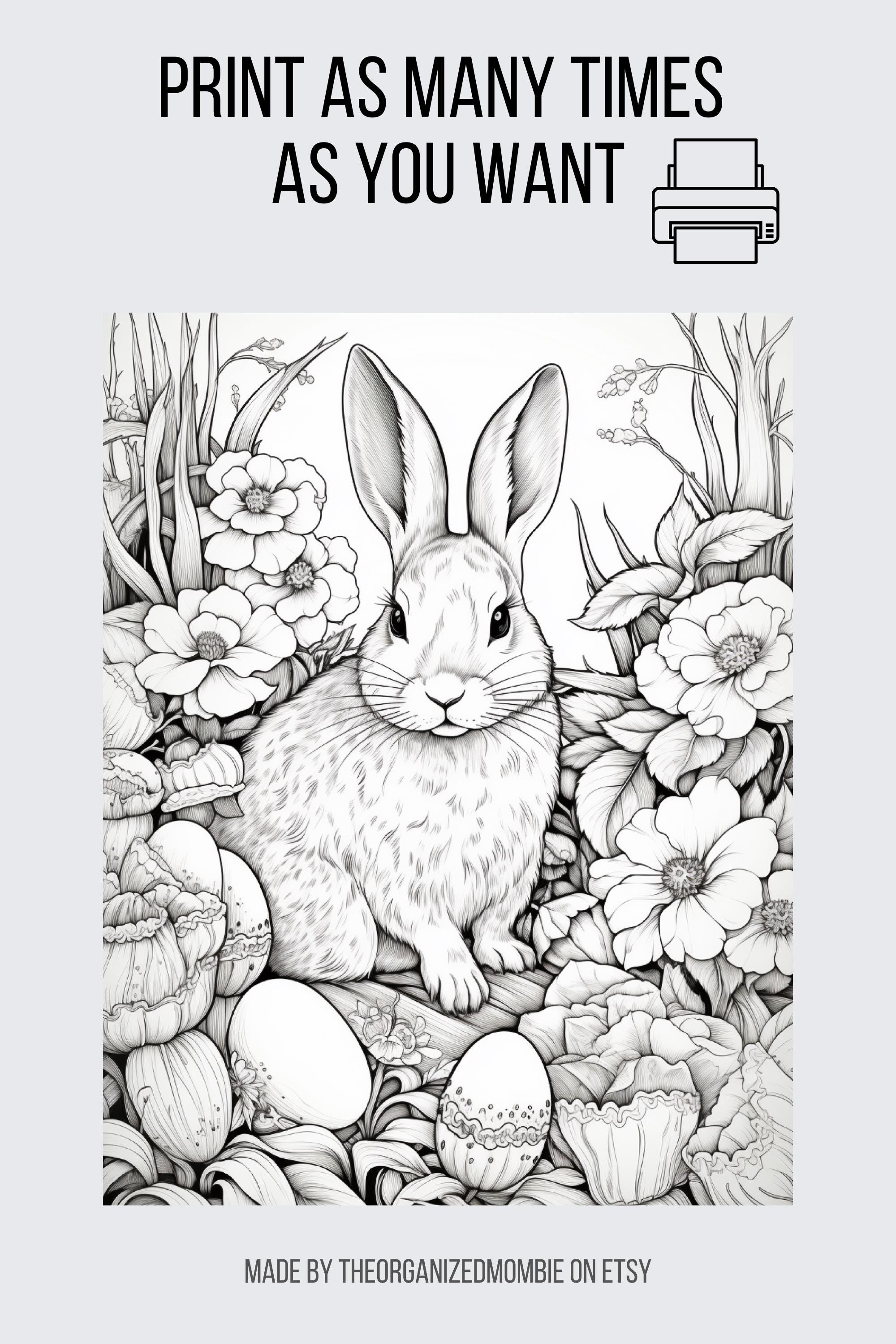 Printable Easter Bunny Coloring Pages Spring Kids Detailed Bunny Flower ...
