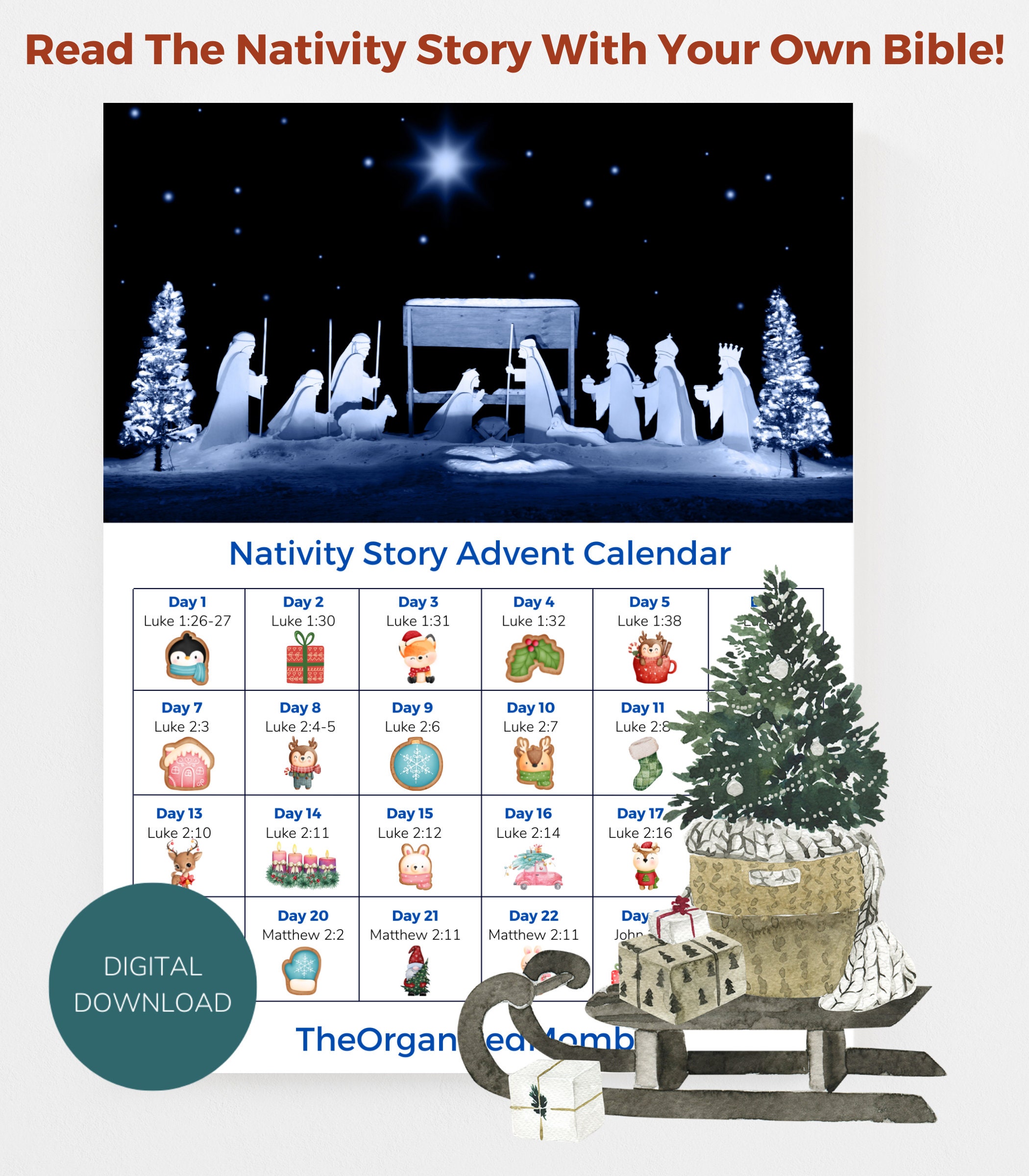 Advent Calendar Nativity Story Printable Instant Download Jesus is King ...