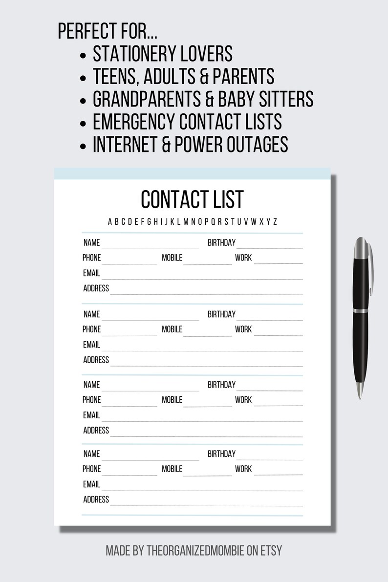 Printable Contact List Address Book PDF Phone Book Client Contact ...