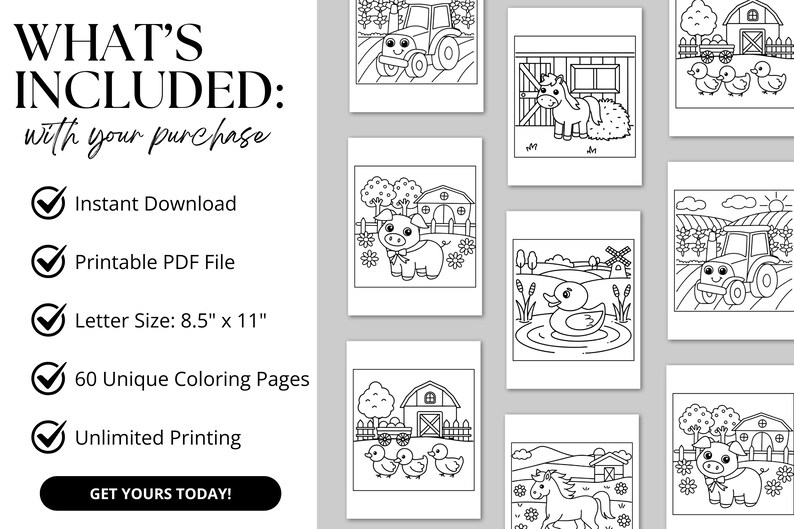 60 Farm Animal Coloring Pages for Kids Cute Farm Animal Coloring Book ...