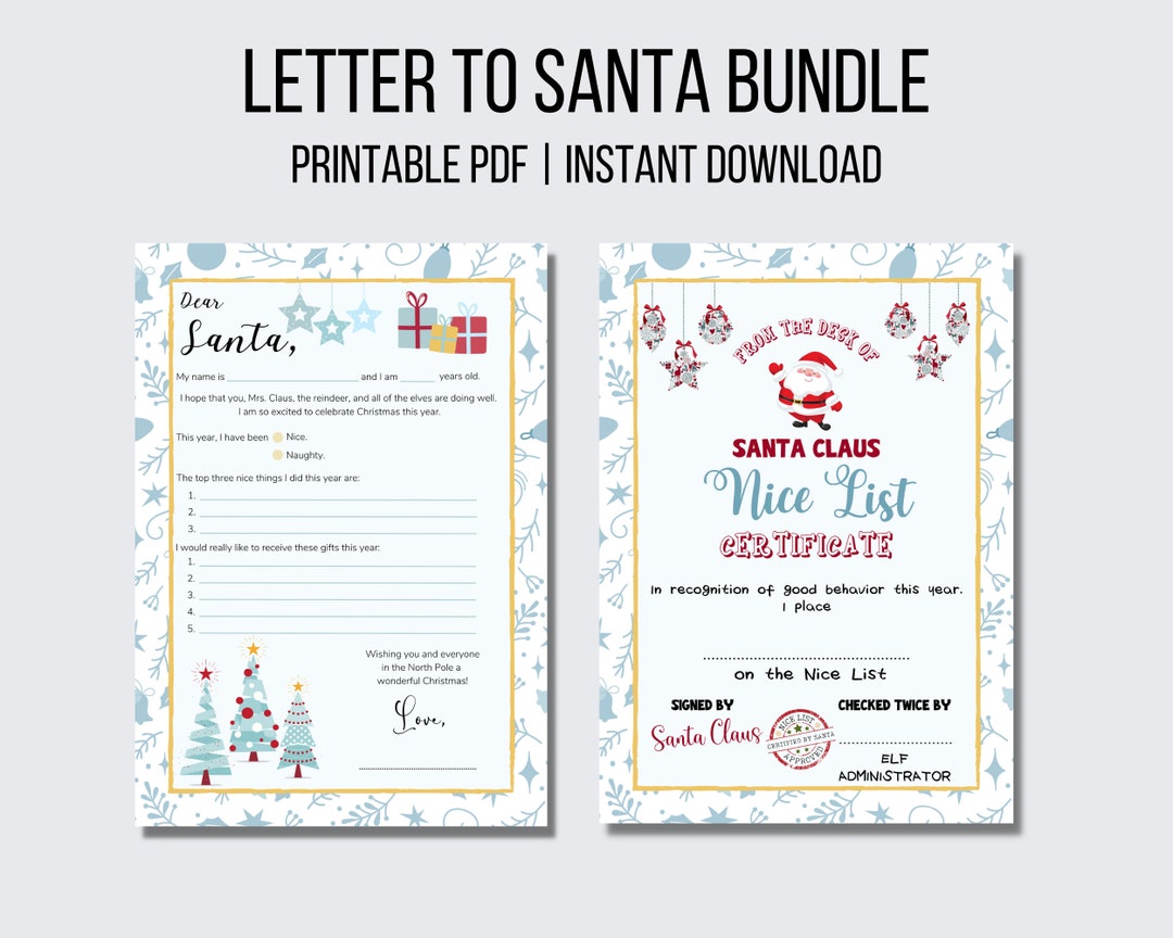 Letter to Santa Printable Instant Download Nice List Certificate Santa ...