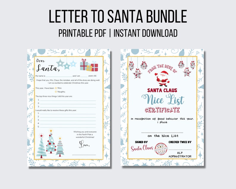 Letter to Santa Printable Instant Download Nice List Certificate Santa ...