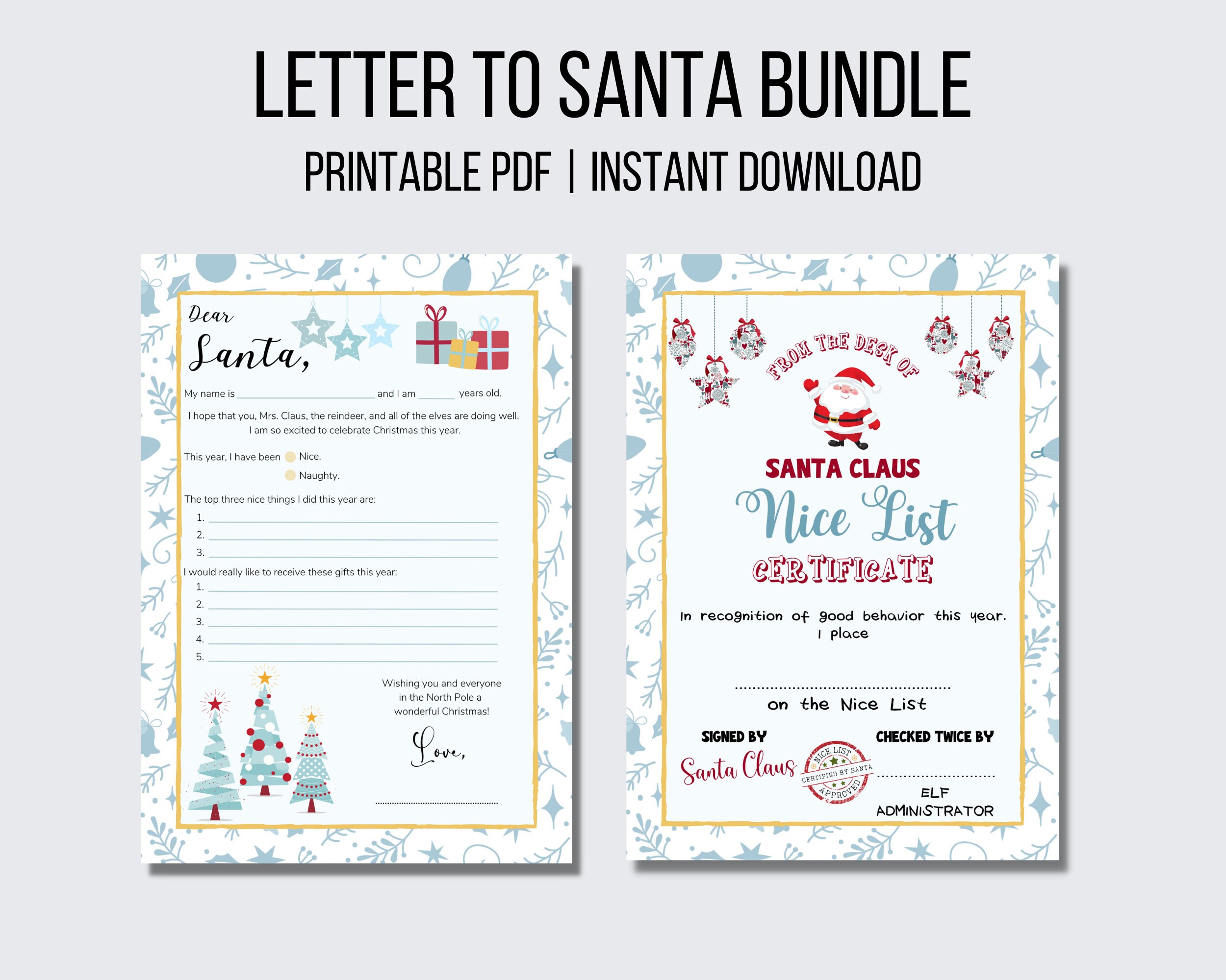 Letter to Santa Printable Instant Download Nice List Certificate Santa ...