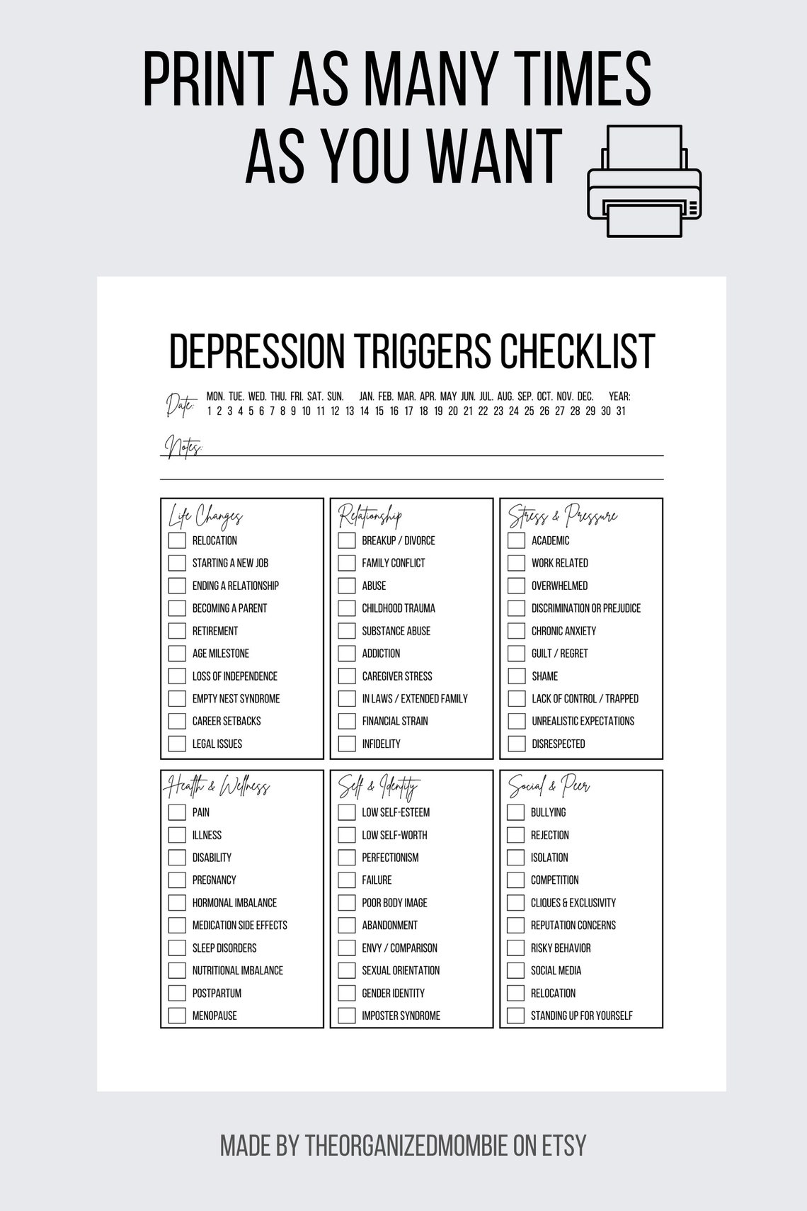 Depression Triggers Checklist Mental Health Self Care Checklist ...