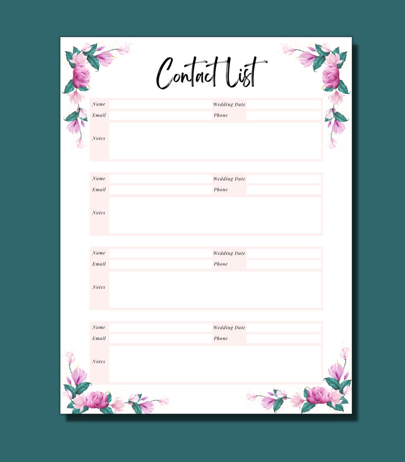 Bridal Fair Printable Contact List Instant Download Wedding - Etsy