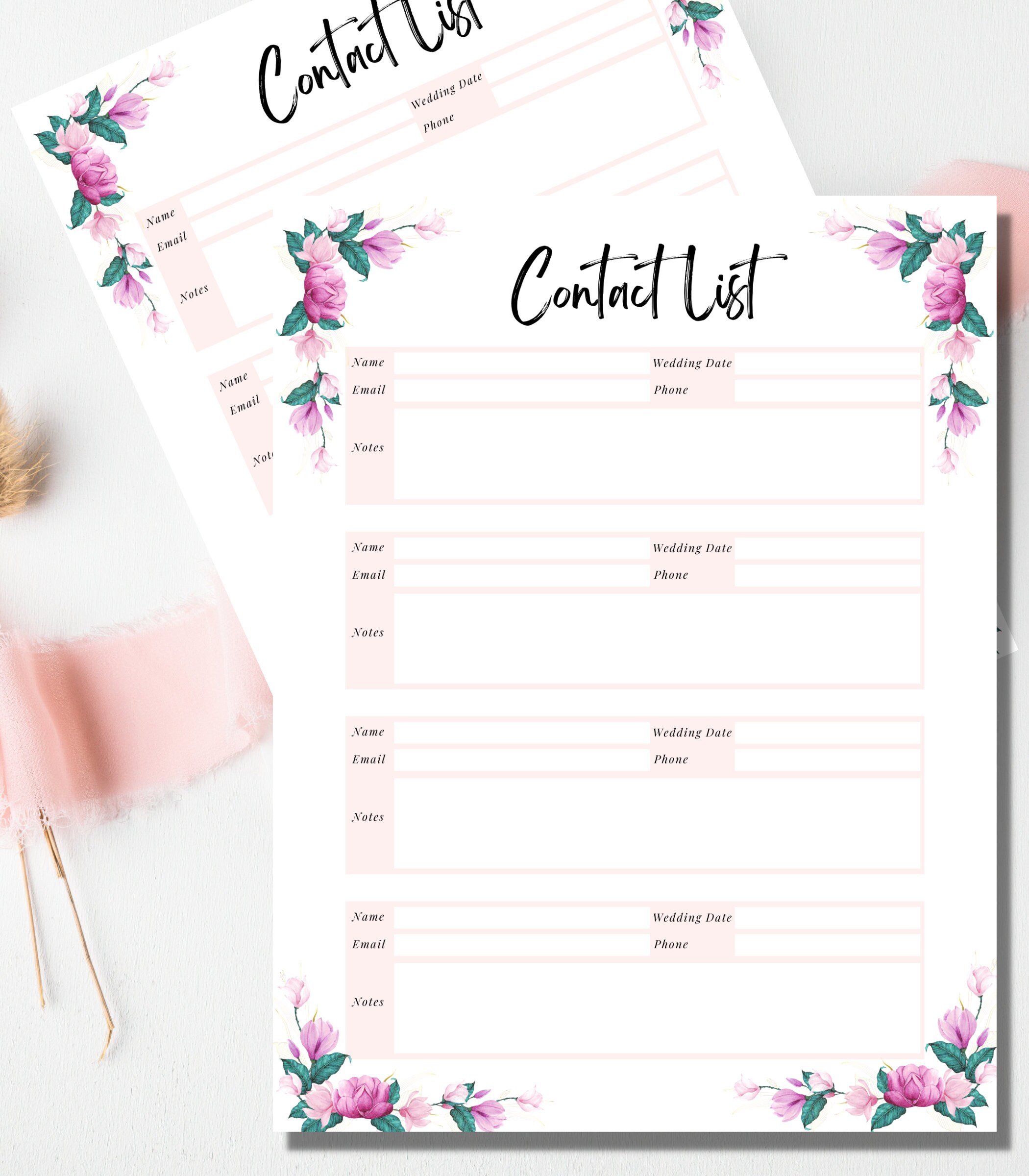 Bridal Fair Printable Contact List Instant Download Wedding Contact ...