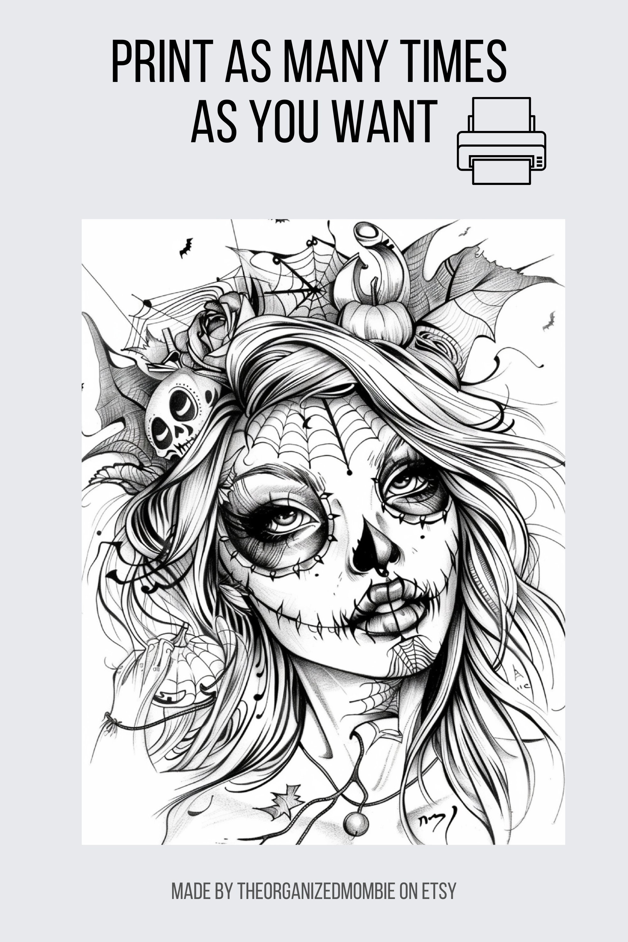43 Gothic Witch Face Coloring Pages Printable Horror Grayscale Coloring ...