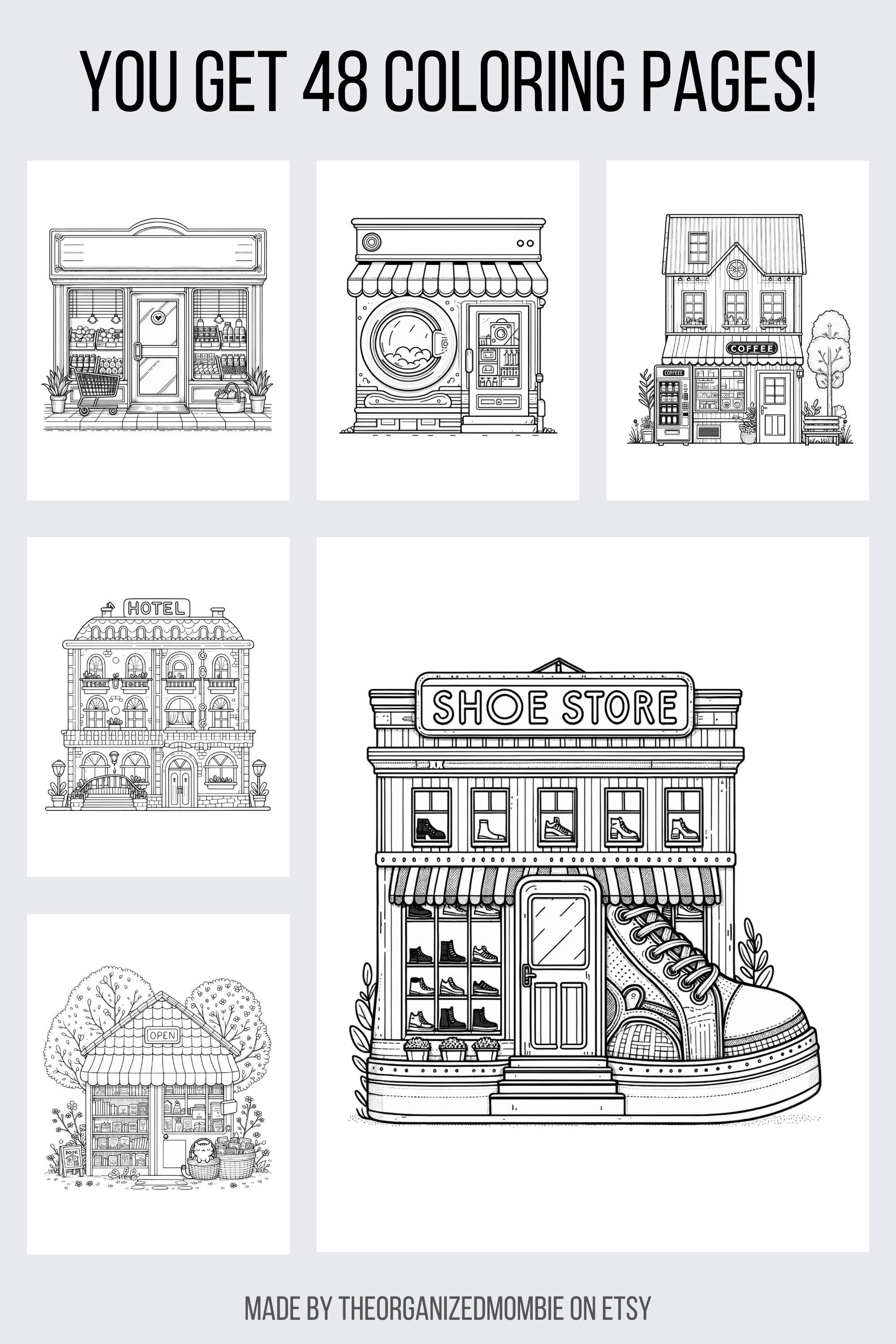 48 Storefront Coloring Pages for Kids and Adults Relaxing Art Therapy ...