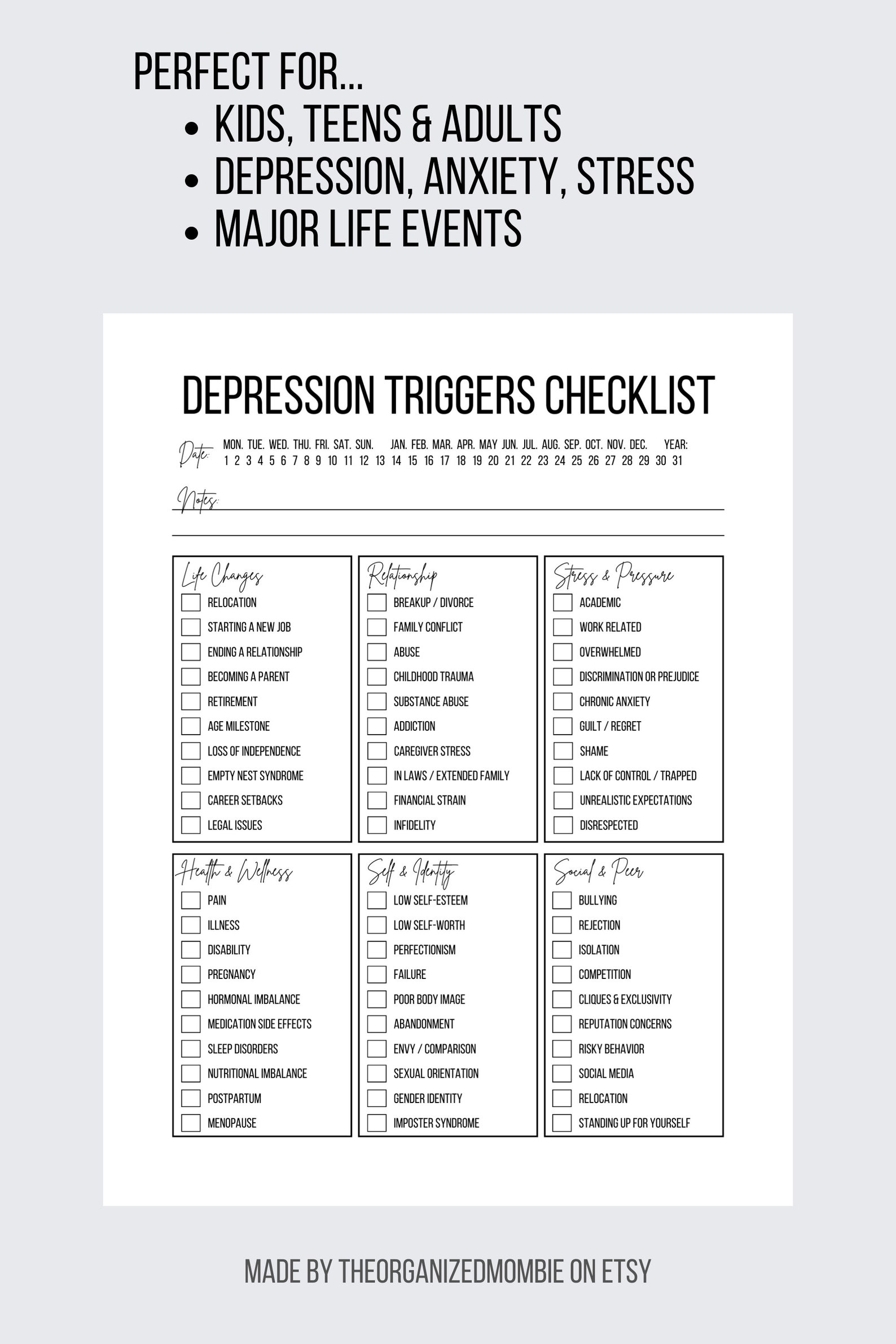 Depression Triggers Checklist Mental Health Self Care Checklist ...