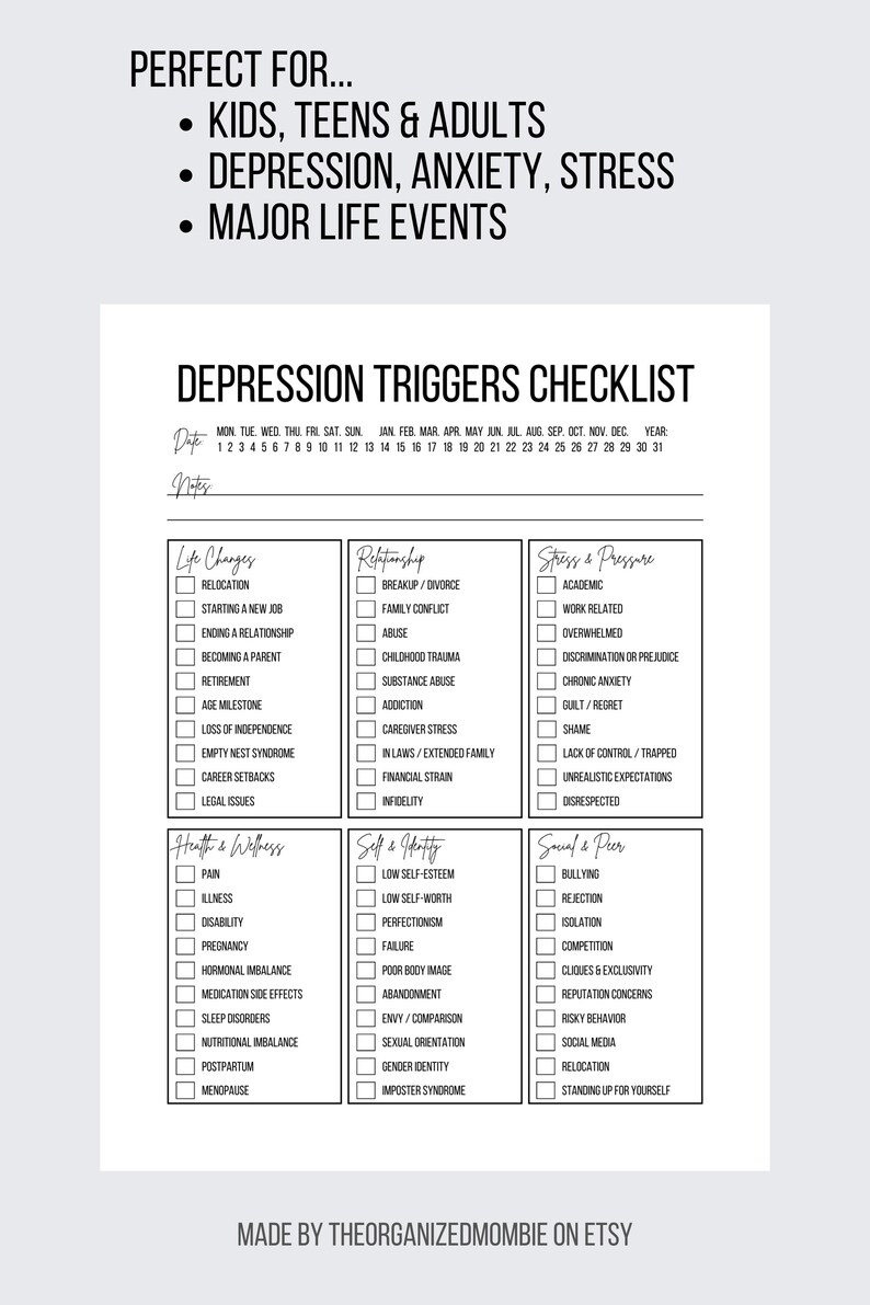 Depression Triggers Checklist Mental Health Self Care Checklist ...