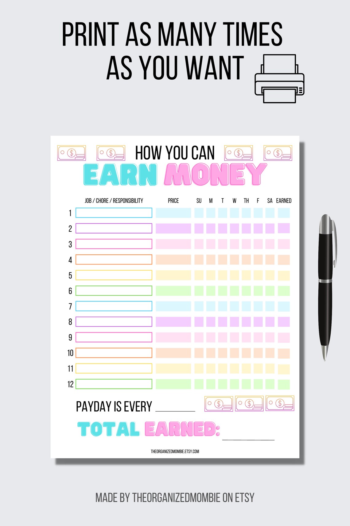 How to Earn Money Allowance Chore Chart for Kids Printable Chore Chart ...