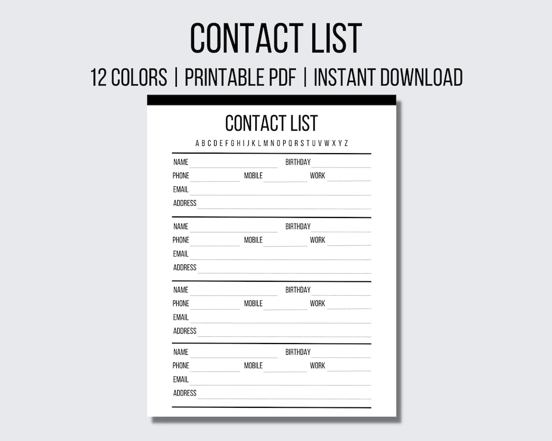 Printable Contact List Address Book PDF Phone Book Client Contact ...