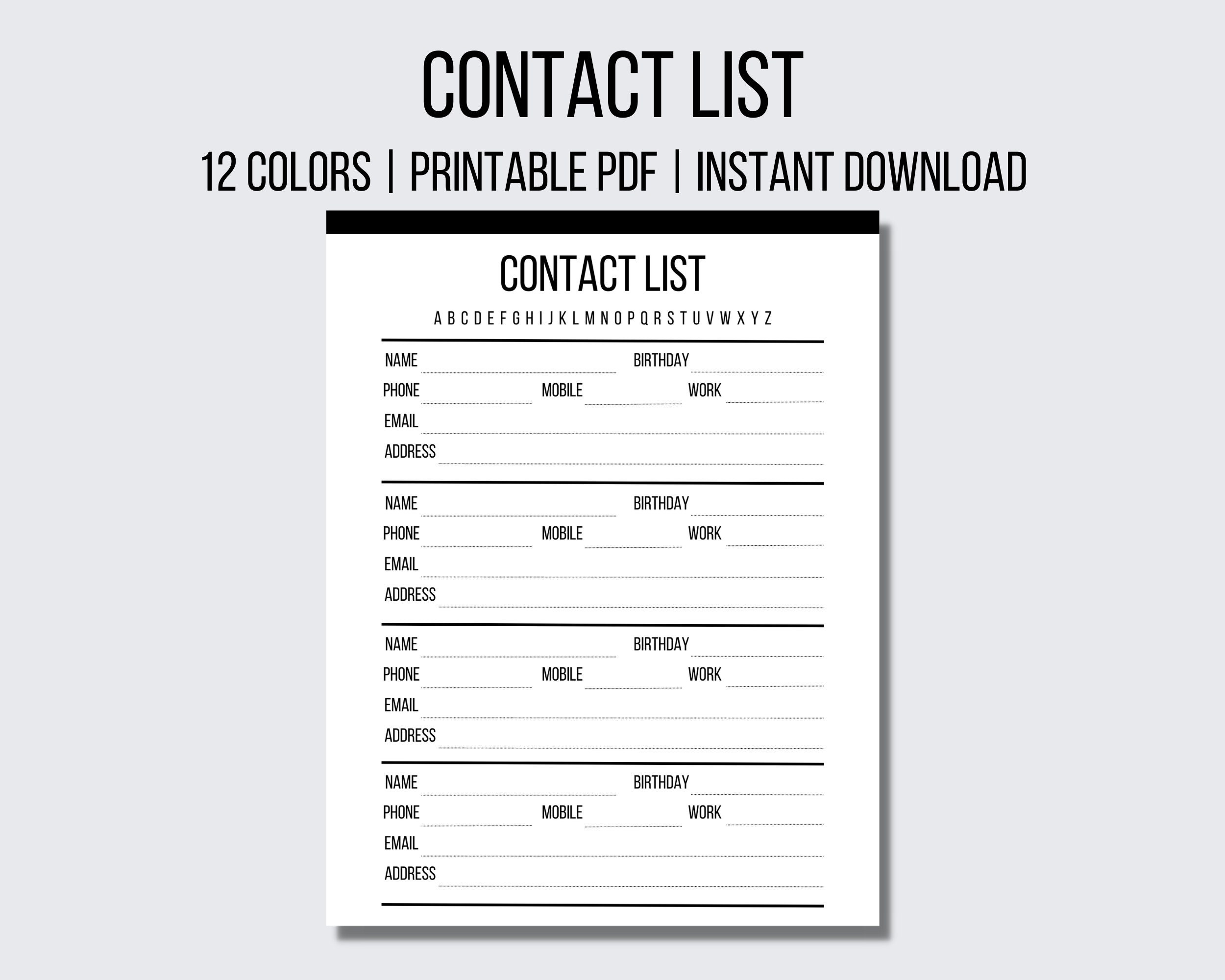 Printable Contact List Address Book PDF Phone Book Client Contact ...