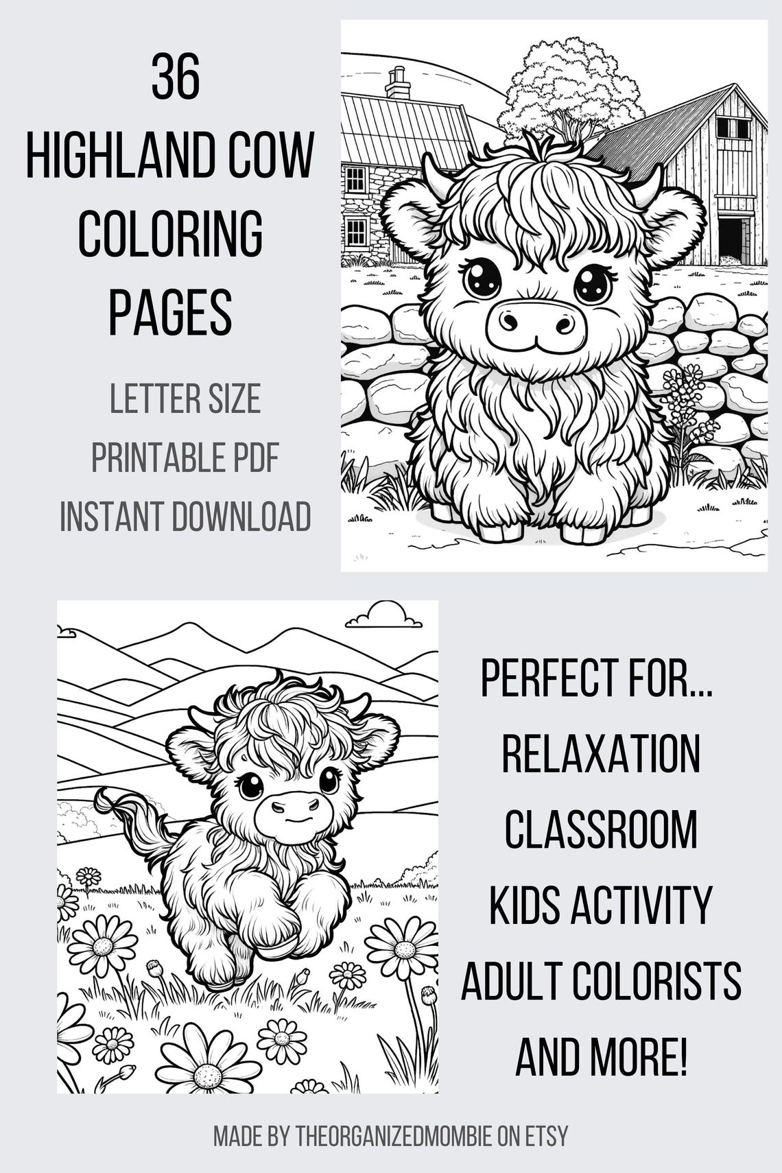 Highland Cow Coloring Page Farm Animal Printable Adult Coloring Sheet ...