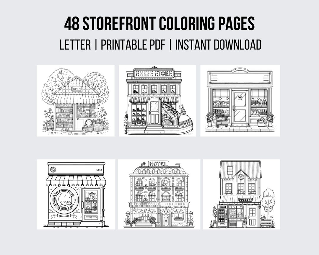 48 Storefront Coloring Pages for Kids and Adults Relaxing Art Therapy ...
