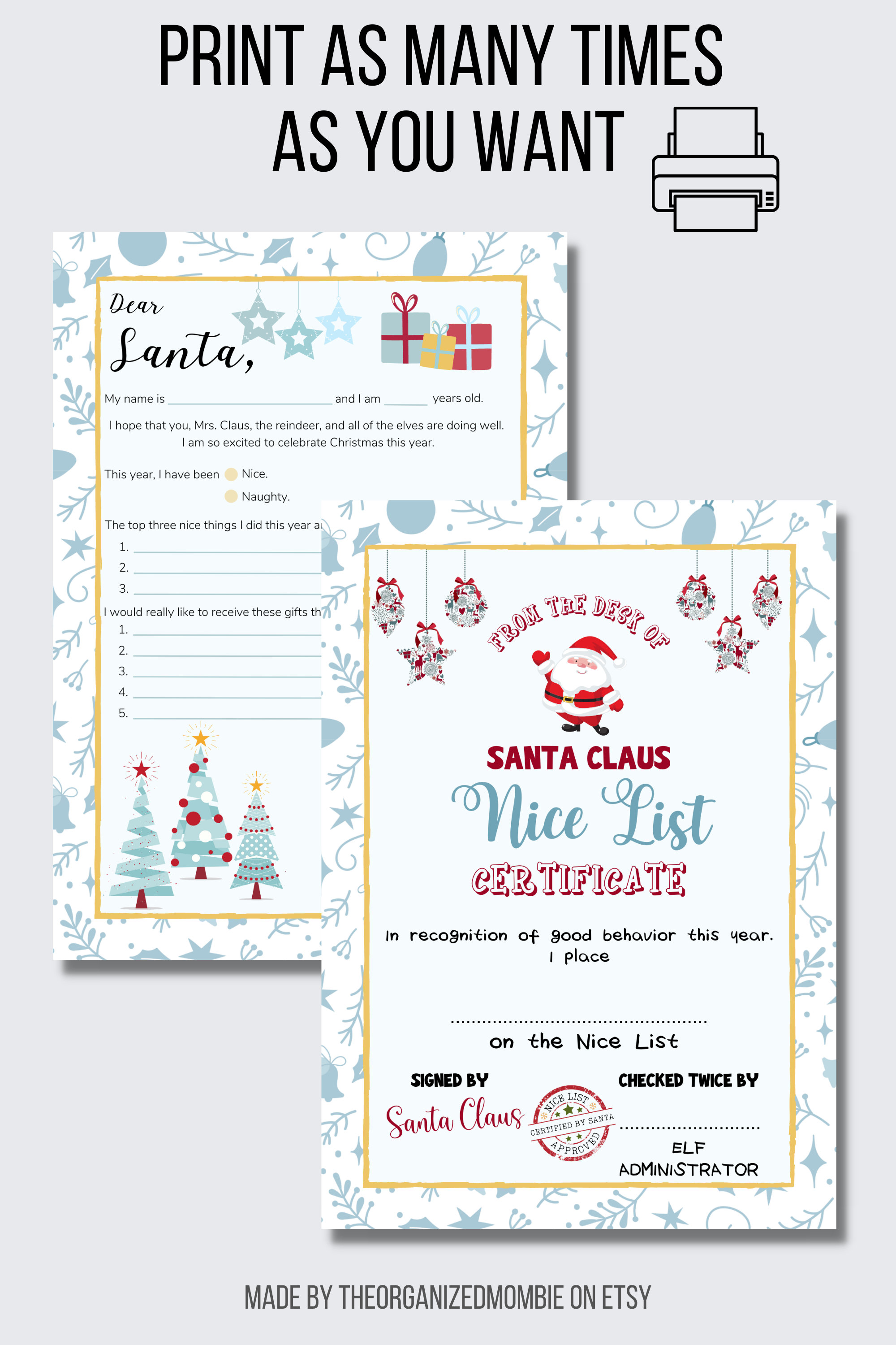 Letter to Santa Printable Instant Download Nice List Certificate Santa ...