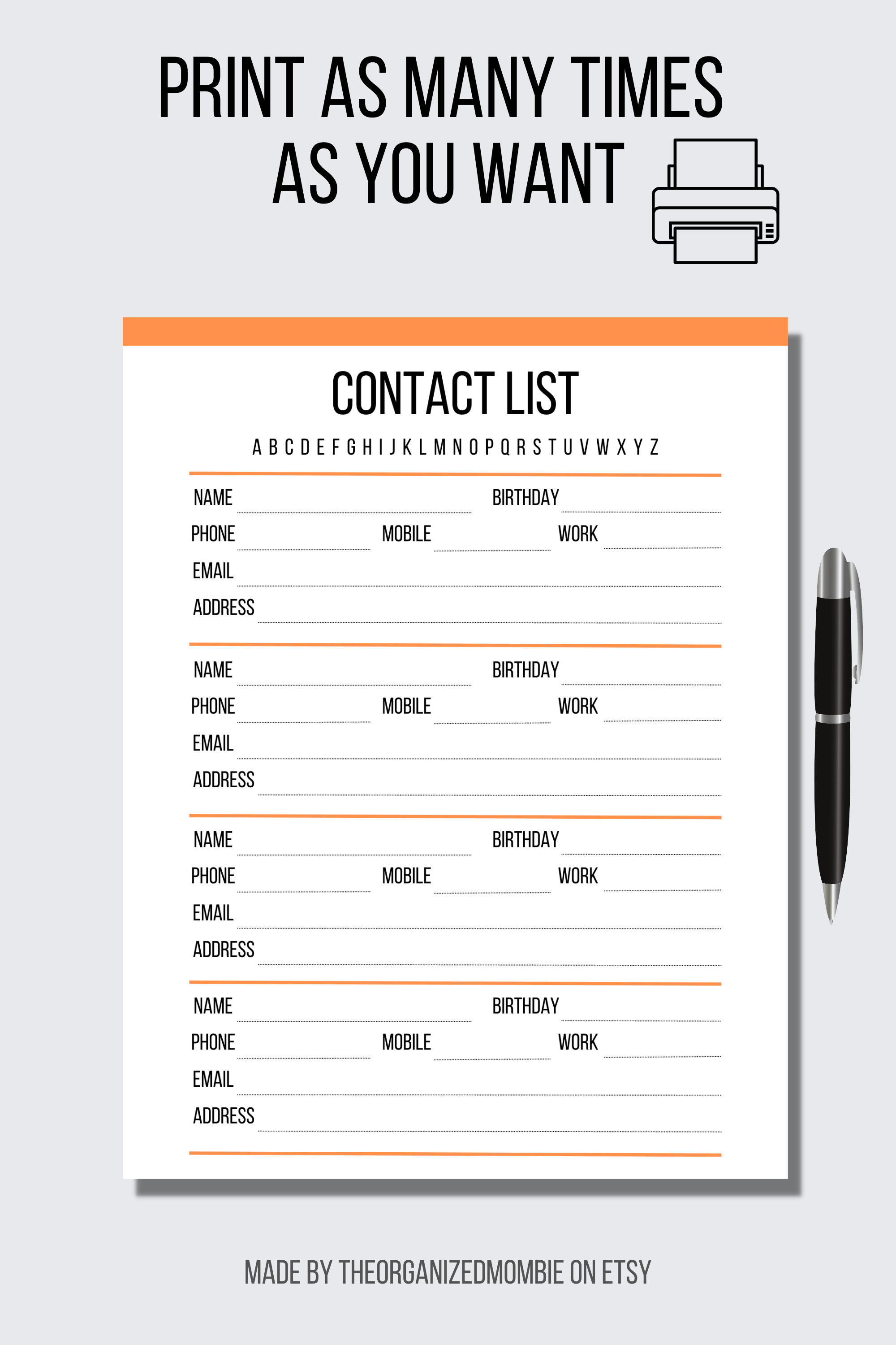 Printable Contact List Address Book PDF Phone Book Client Contact ...