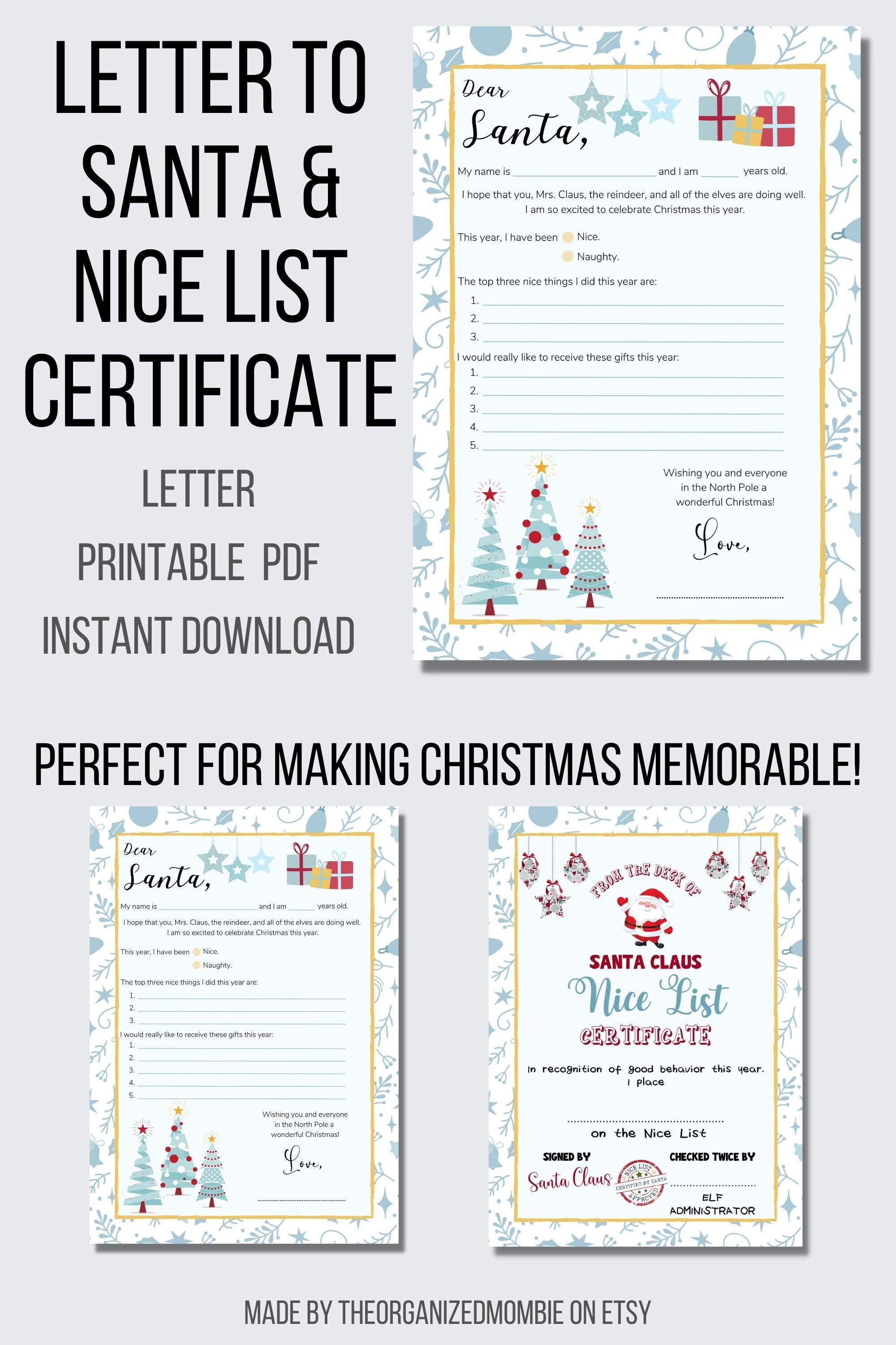 Letter to Santa Printable Instant Download Nice List Certificate Santa ...