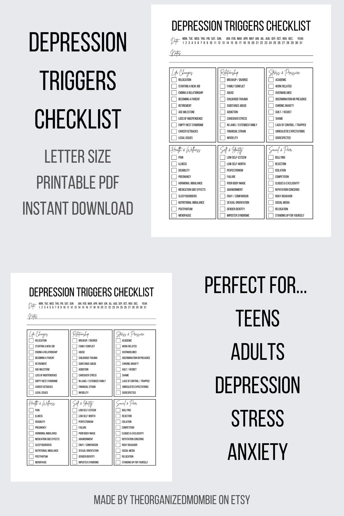 Depression Triggers Checklist Mental Health Self Care Checklist Depression Journal Self Care ...