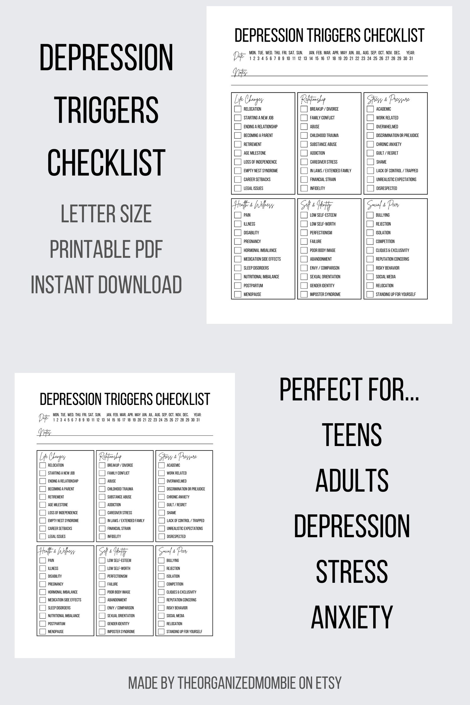 Depression Triggers Checklist Mental Health Self Care Checklist ...