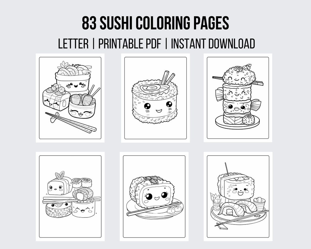 83 Sushi Coloring Pages Instant Download Kawaii Food Coloring Pages ...