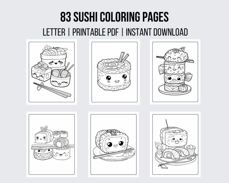 83 Sushi Coloring Pages Instant Download Kawaii Food Coloring Pages ...
