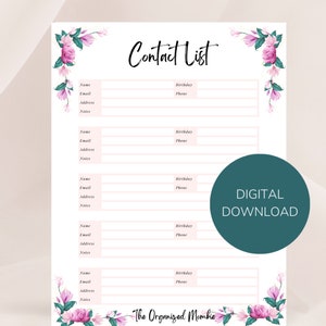 Printable Contact List Instant Download Wedding Contact List Emergency ...