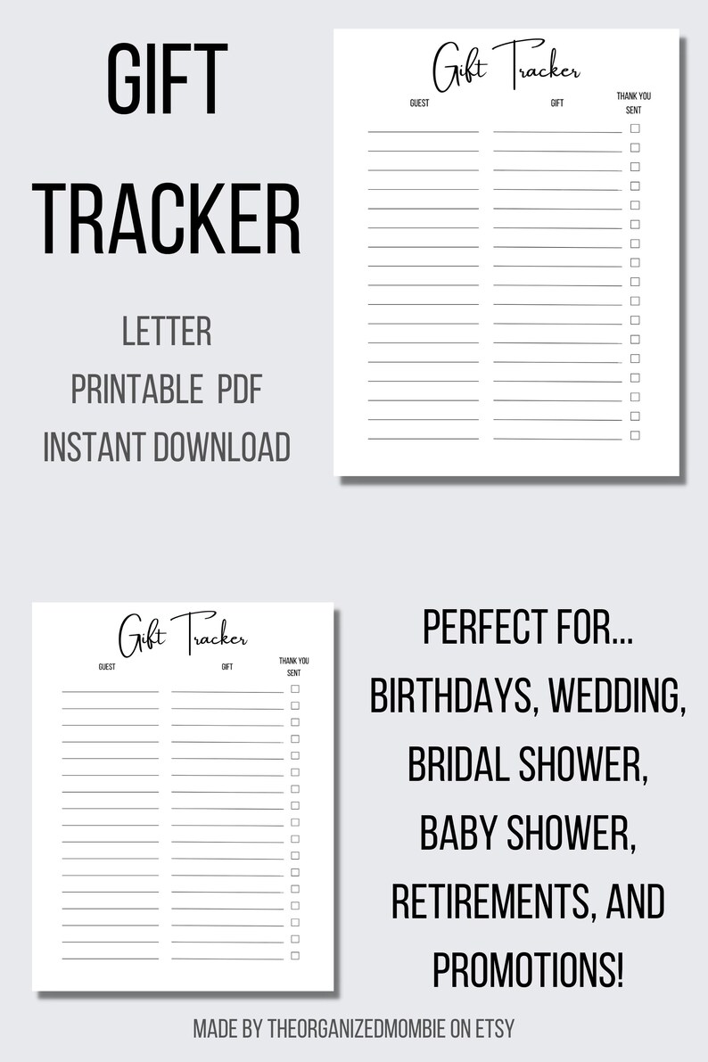 Gift Tracker Wedding Gift Tracker Gift List Bridal Shower Gift Log ...