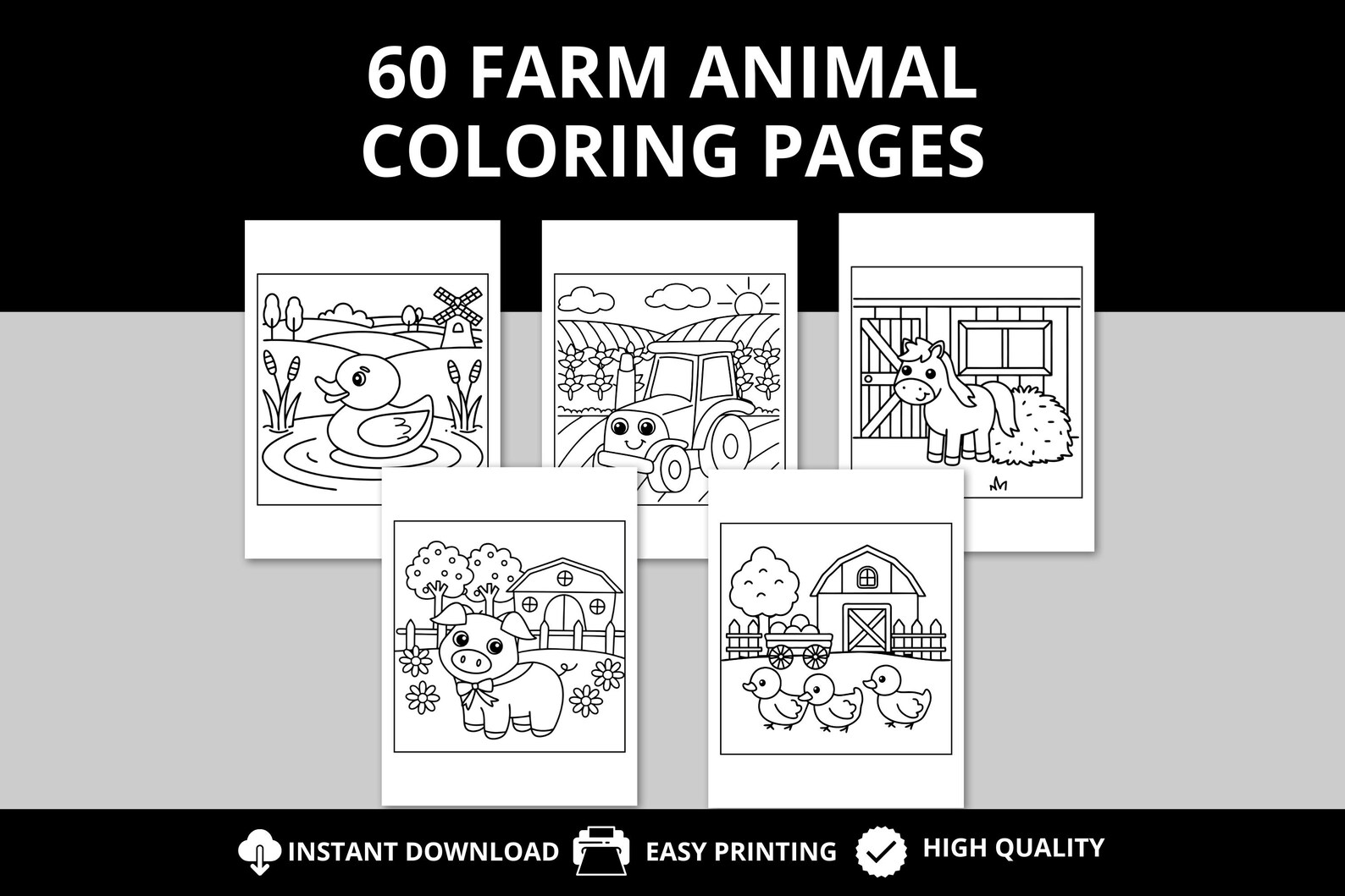 60 Farm Animal Coloring Pages for Kids Cute Farm Animal Coloring Book ...