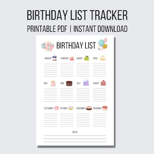 Birthday Tracker Printable Birthday Planner Birthday Reminder Birthday ...