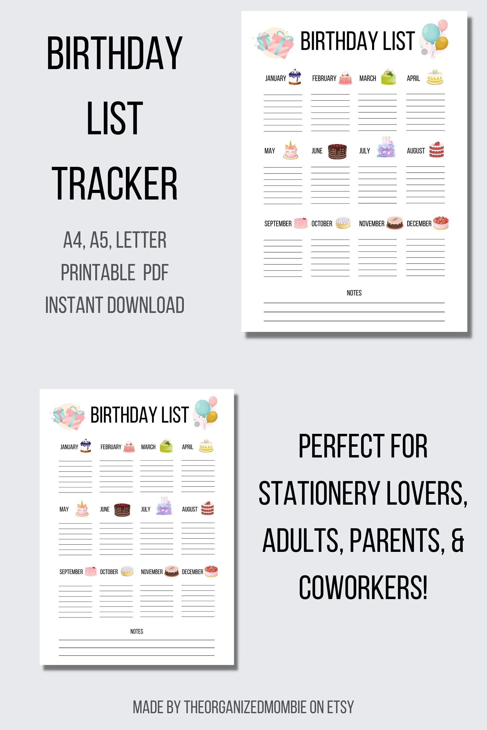 Birthday Tracker Printable Birthday Planner Birthday Reminder Birthday ...