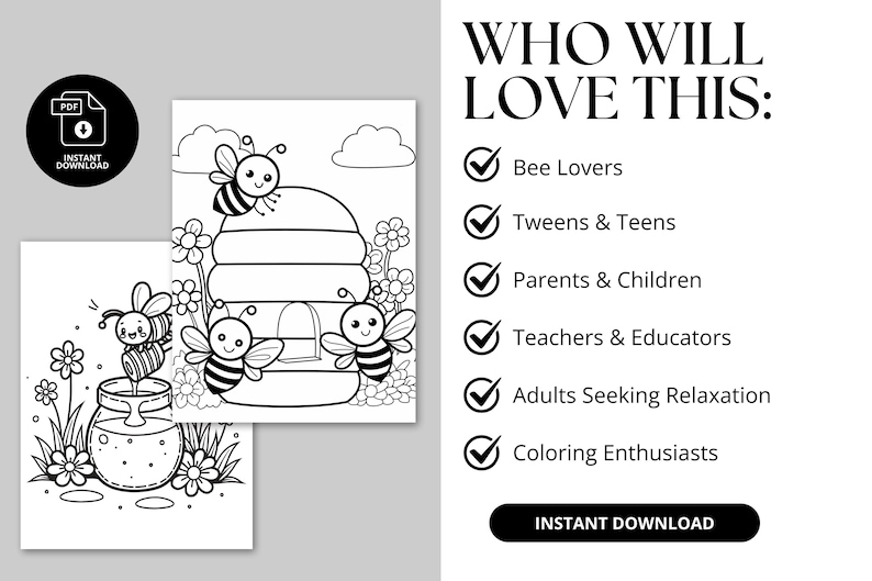 36 Honey Bee Coloring Pages for Kids Instant Download Honey Bee Craft ...