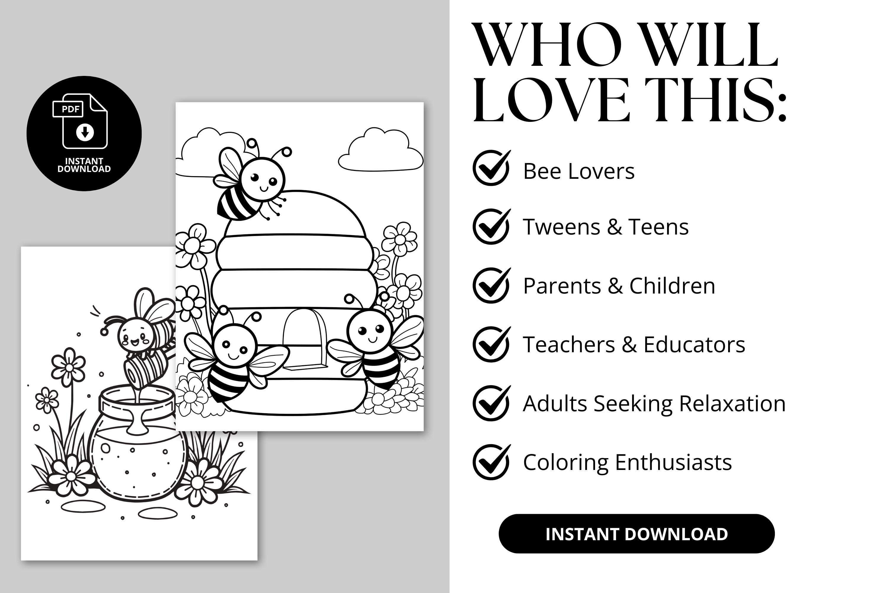 36 Honey Bee Coloring Pages for Kids Instant Download Honey Bee Craft ...