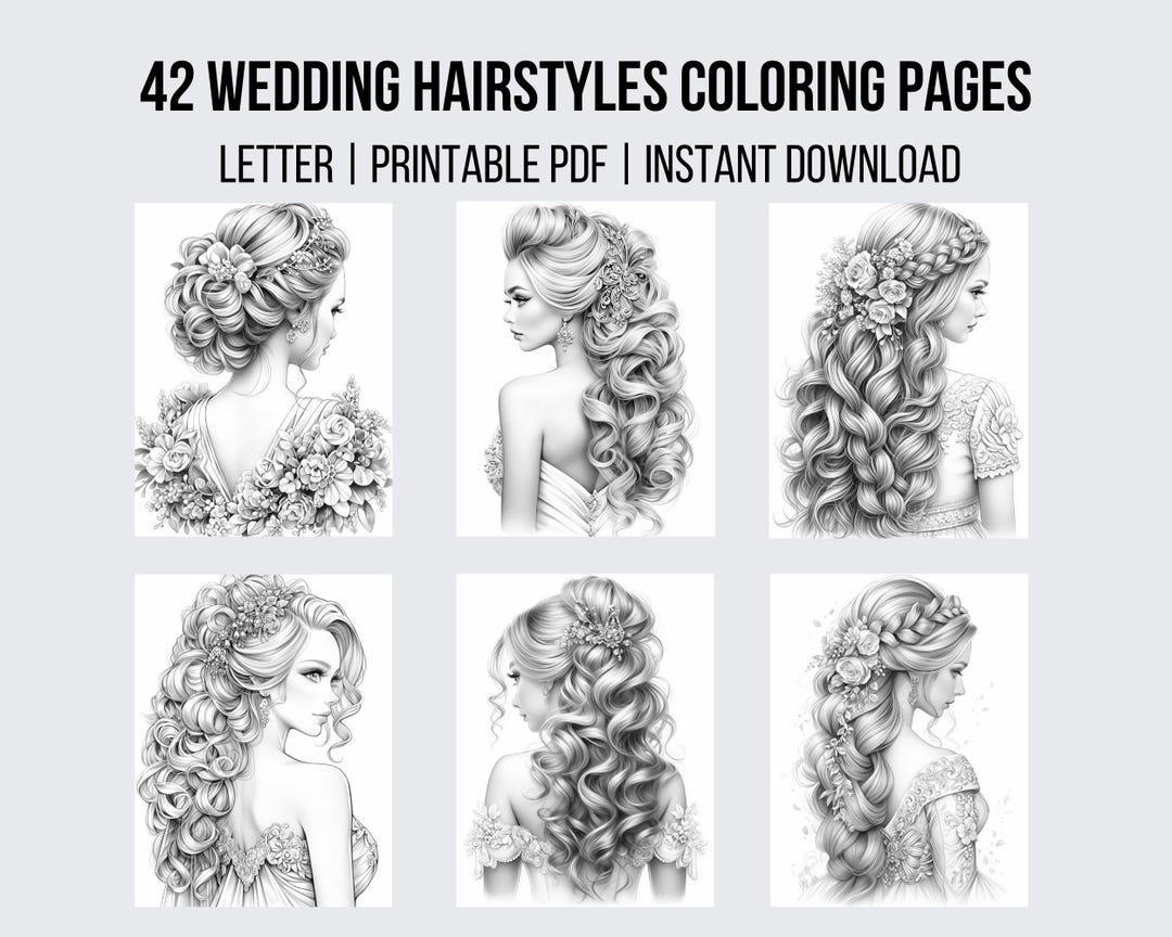 42 Wedding Hairstyle Coloring Pages Instant Download Grayscale Coloring ...