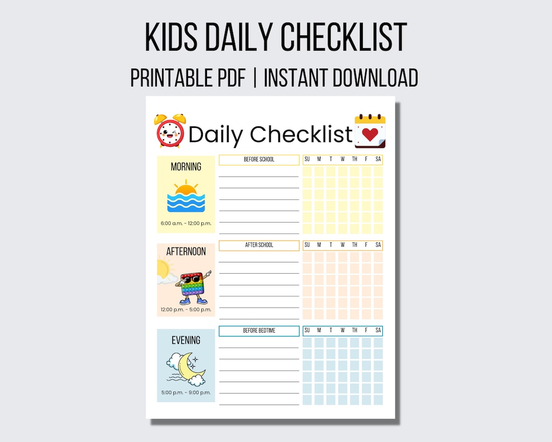 Kids Daily School Routine Editable Checklist Printable Chore Chart for ...