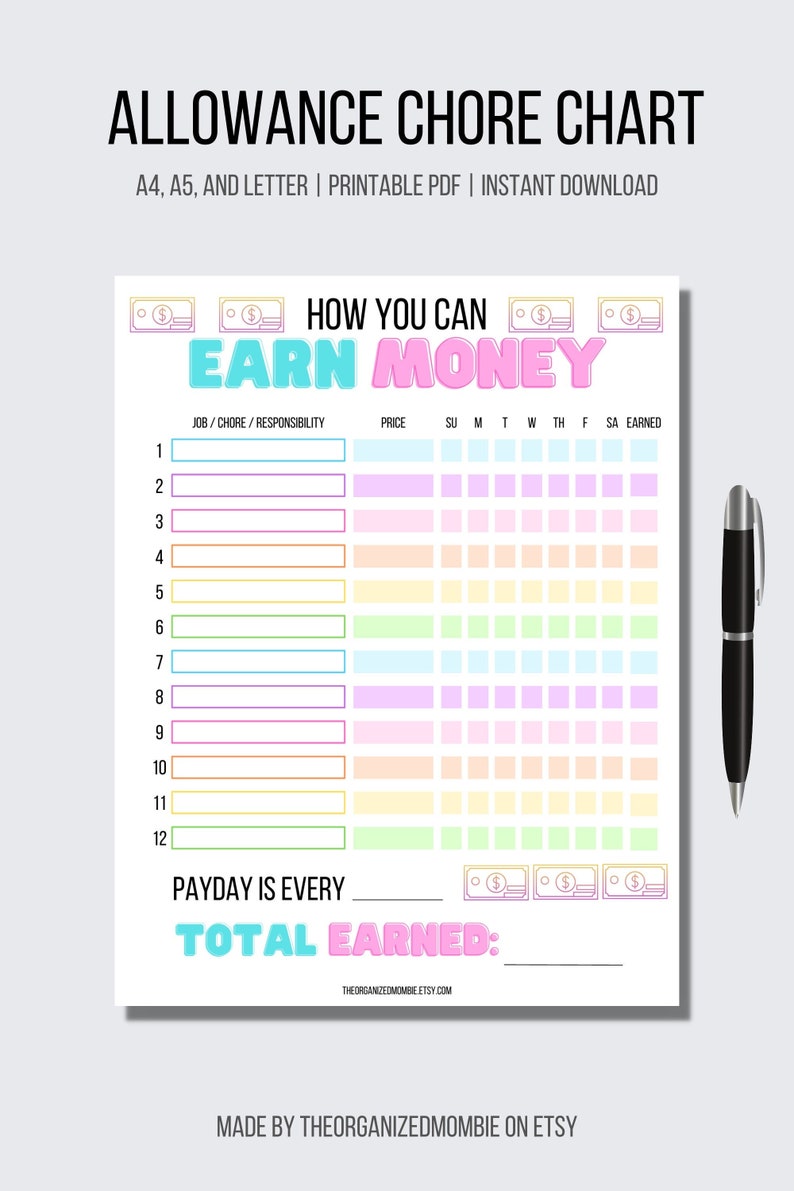 How to Earn Money Allowance Chore Chart for Kids Printable Chore Chart ...