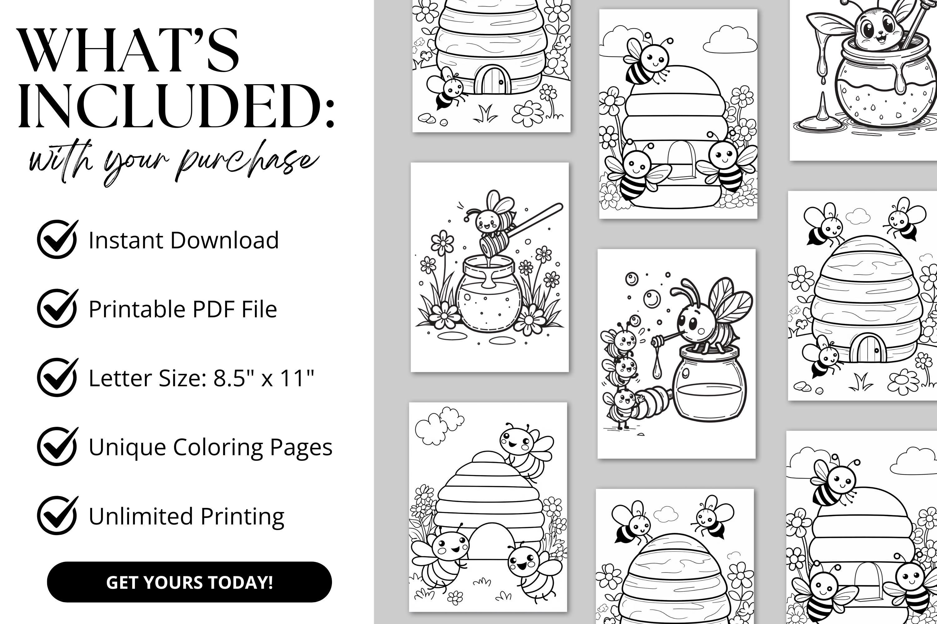 36 Honey Bee Coloring Pages for Kids Instant Download Honey Bee Craft ...
