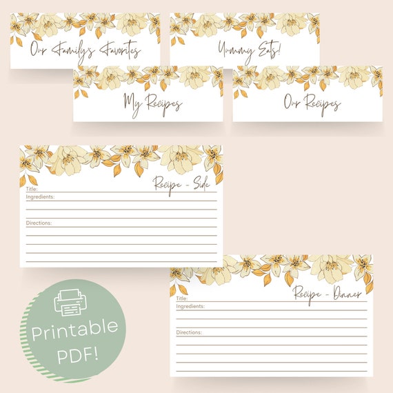 Printable Recipe Cards & Label Gold Flowers | Etsy