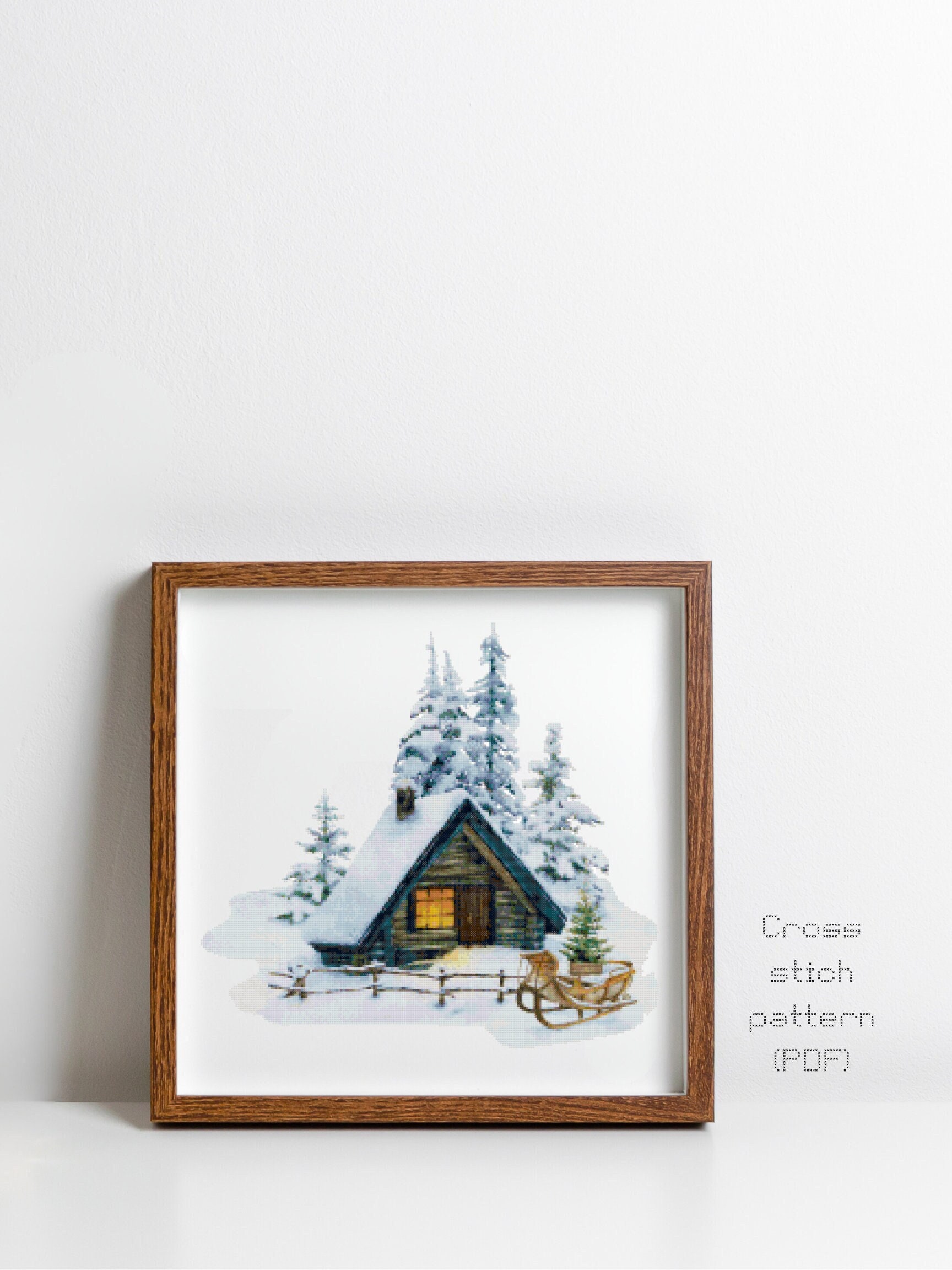 Log Cabin Cross Stitch Pattern, Modern Watercolor Painting, Instant PDF ...