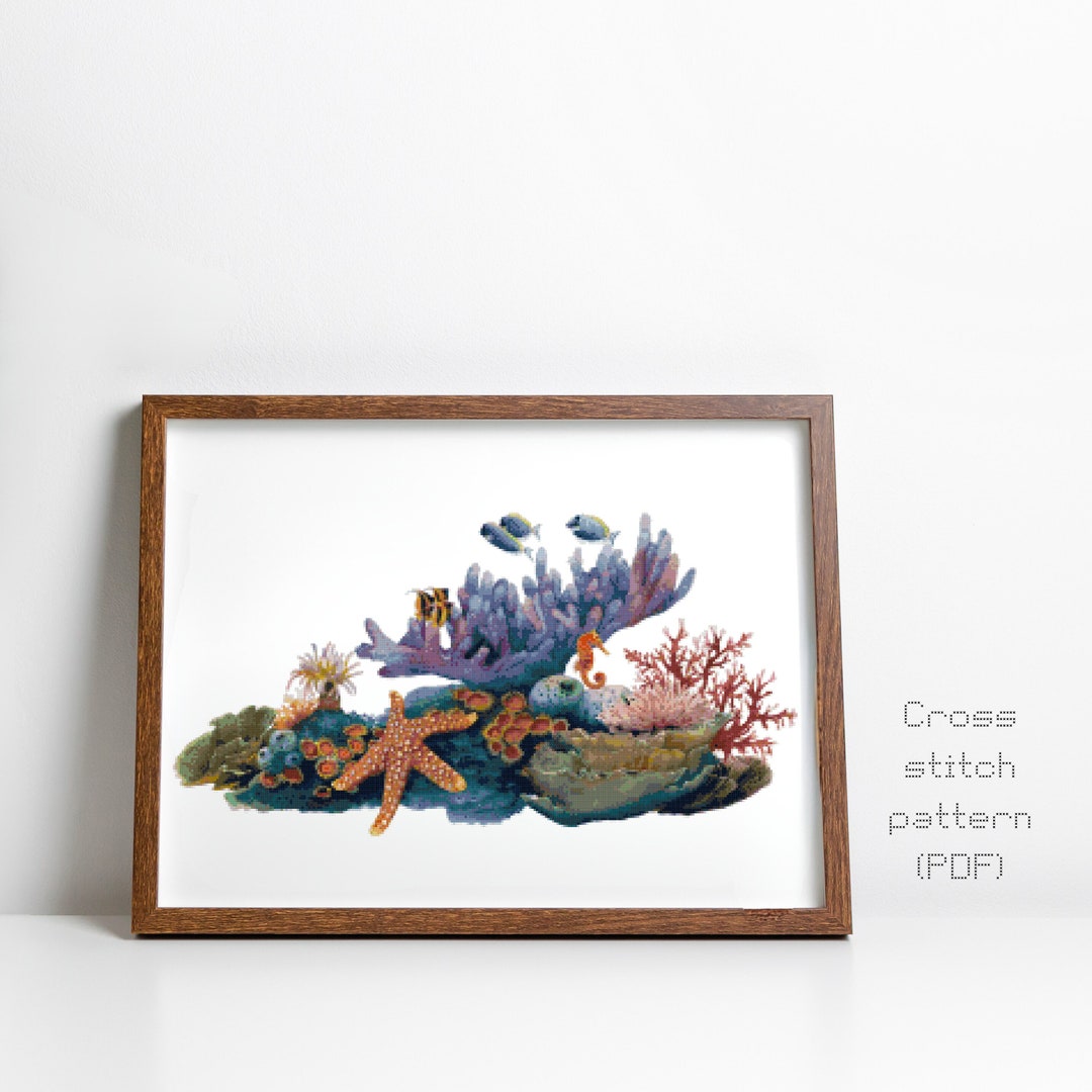 Coral Cross Stitch Pattern, Sealife, Modern Watercolor Painting, Ocean ...
